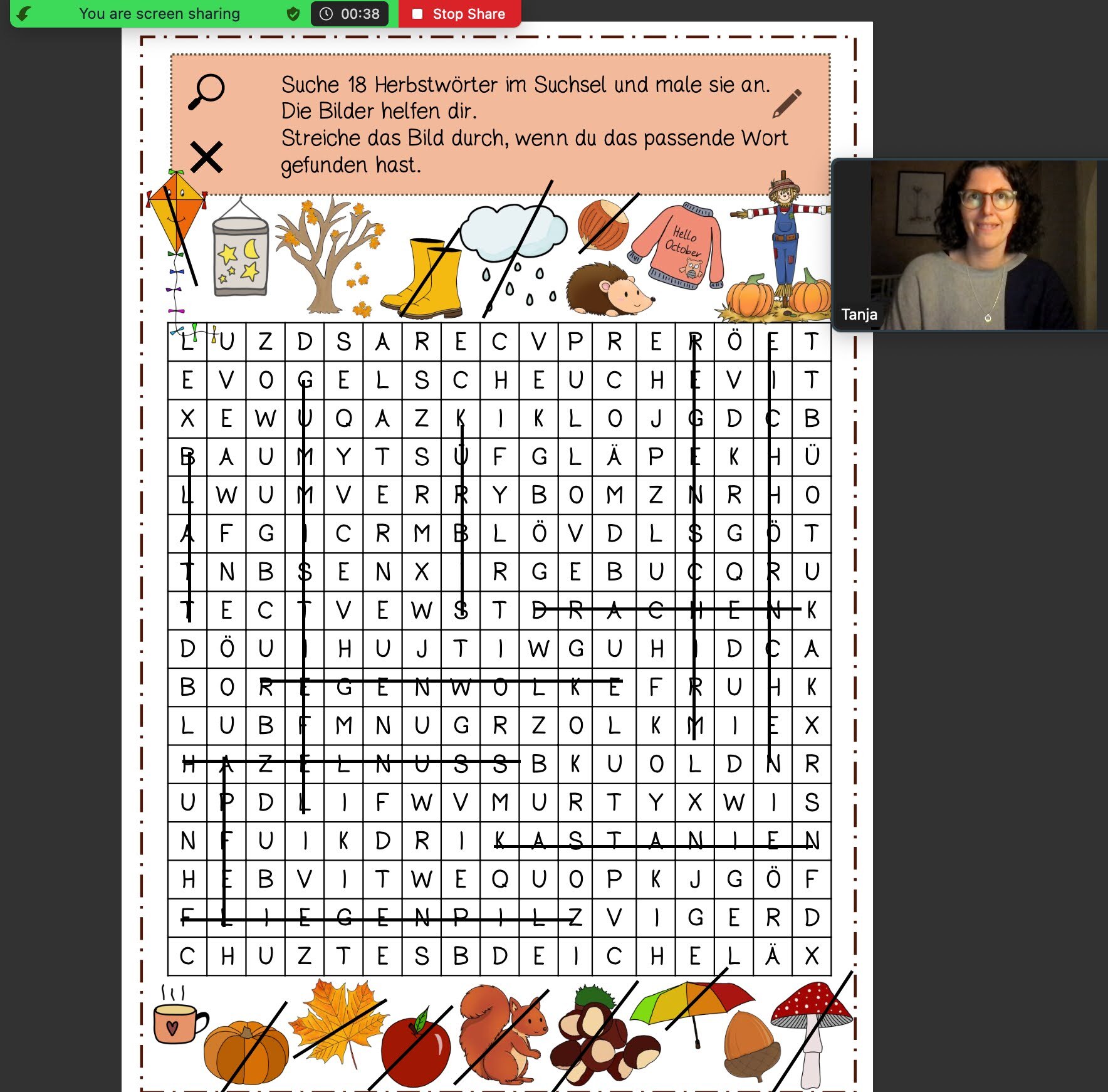 Suchsel Herbst, Gitterrätsel, Wörter finden mit Bildern zur ...